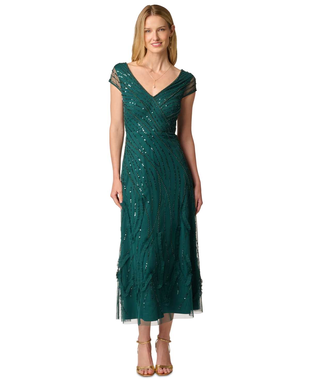 Click here for Adrianna Papell Womens Beaded Cap-Sleeve V-Neck Mi... prices