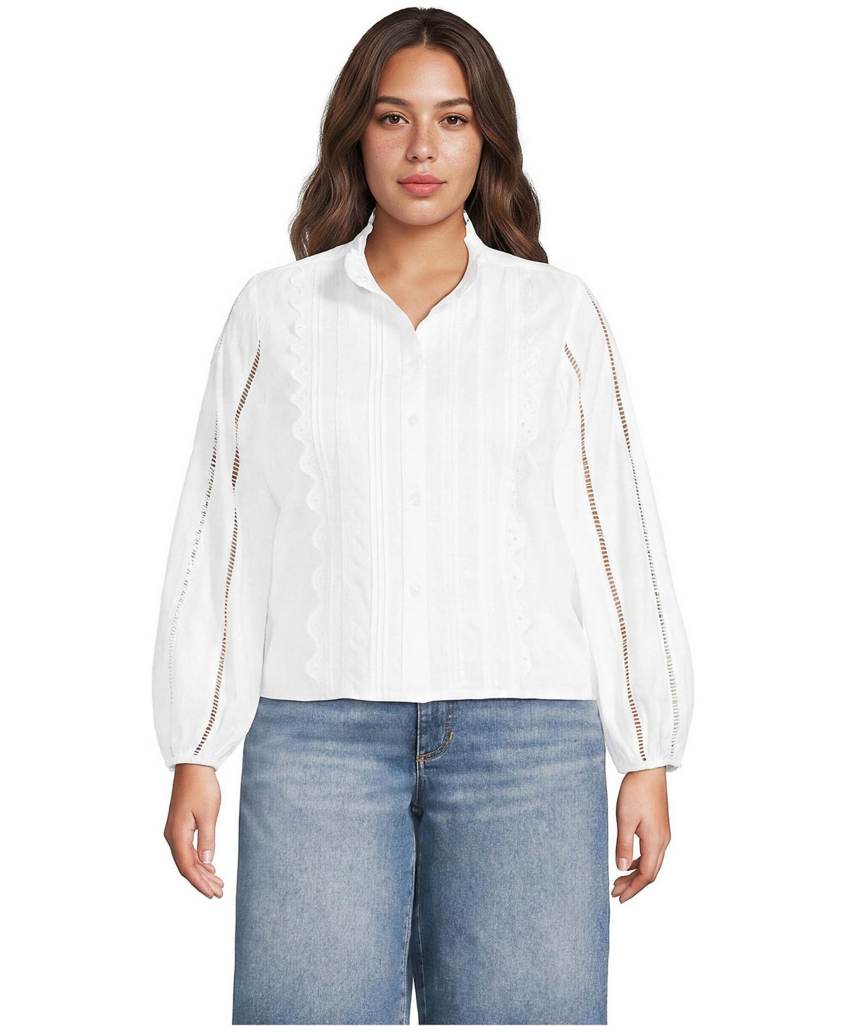 Click here for Lands End Plus Size Ruffle Neck Button Front Shirt... prices