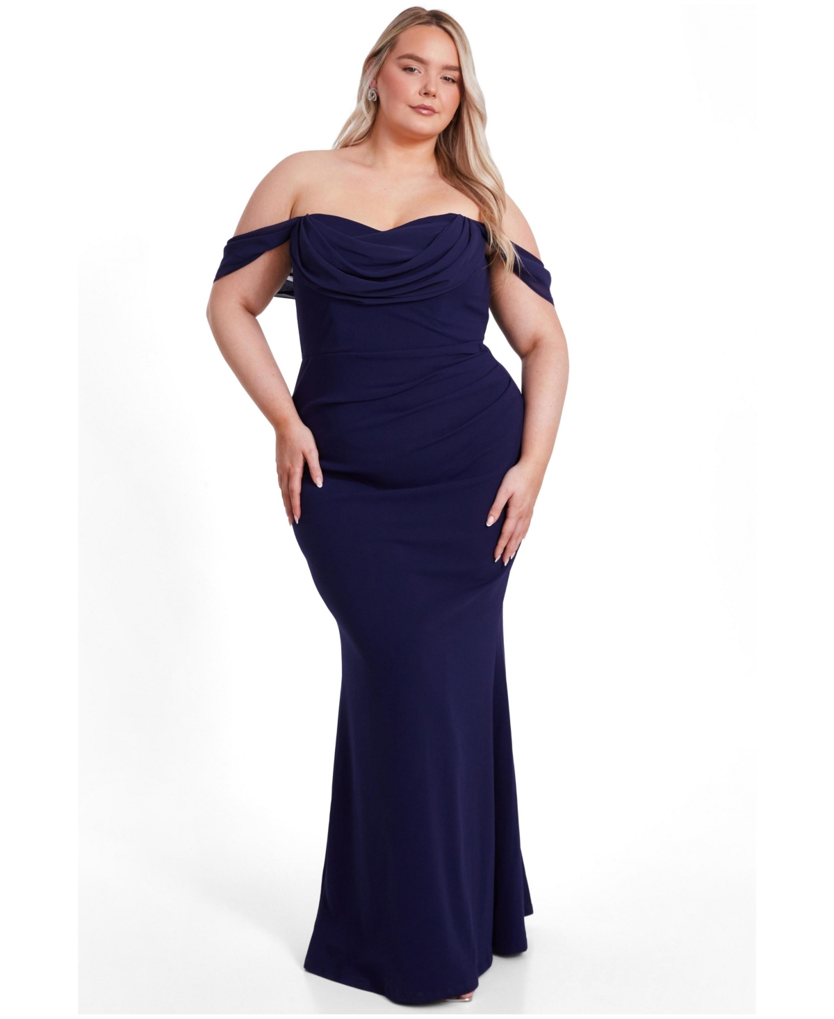 Click here for Quiz Plus Size Chiffon Bardot Maxi Dress - Navy. prices