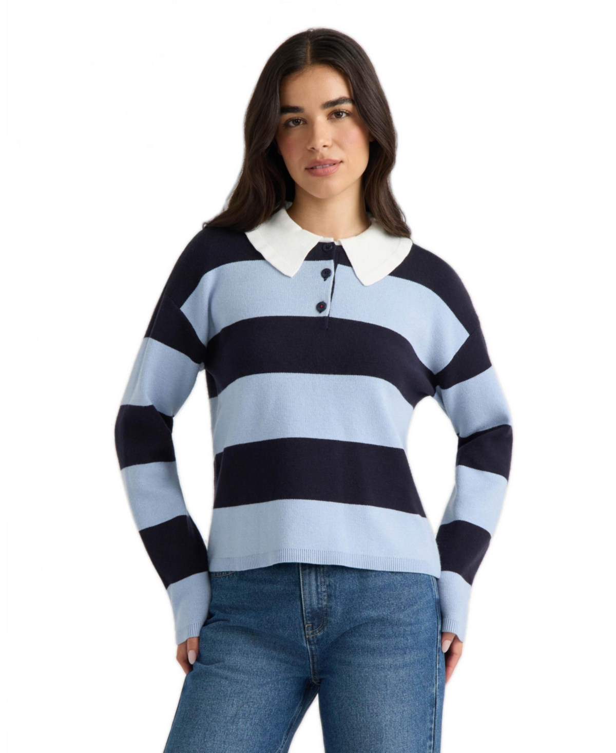 Click here for Hunter Womens Rugby-Stripe Ruffled Polo-Collar Swe... prices
