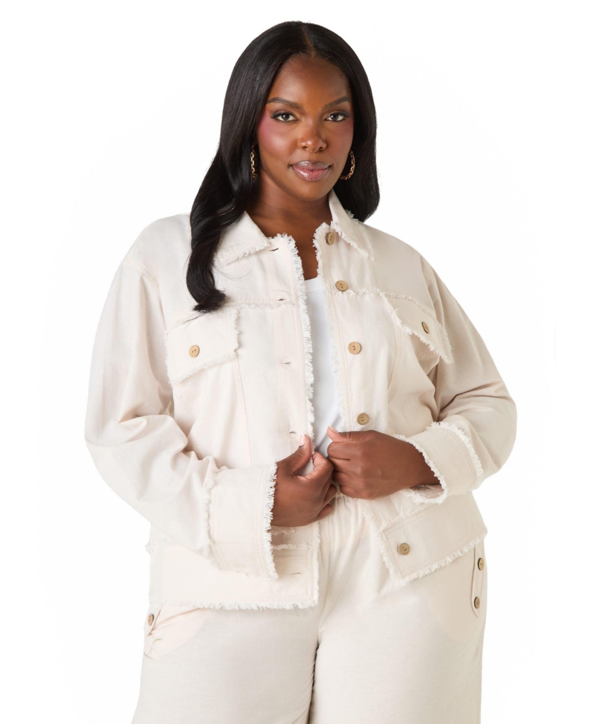 Click here for Ashley Stewart Womens Frayed Linen Blend Trucker J... prices