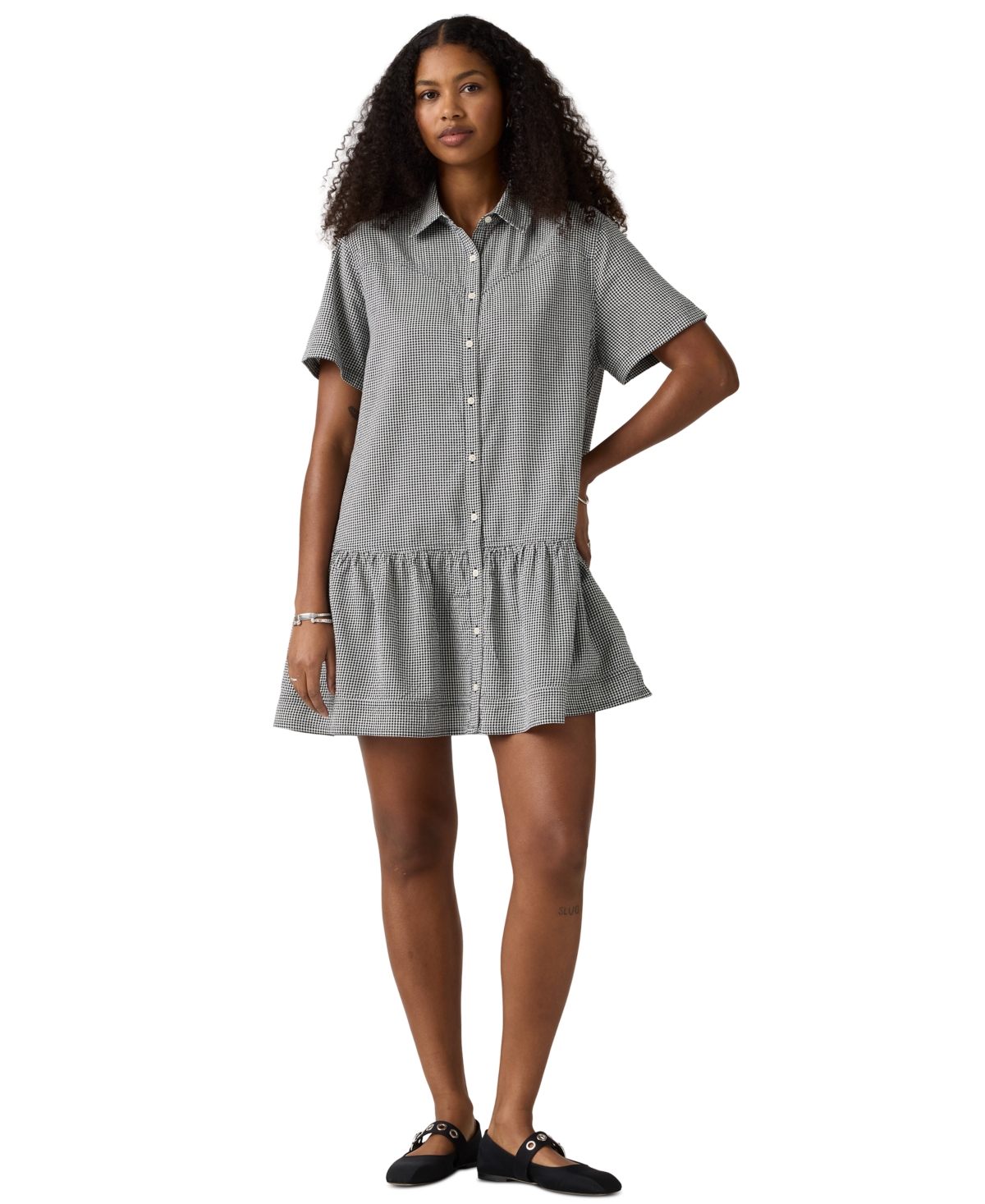 Levis Womens Cielle Short-Sleeve Collared Mini Dress - Ceicil Even Micro Check Peacoat