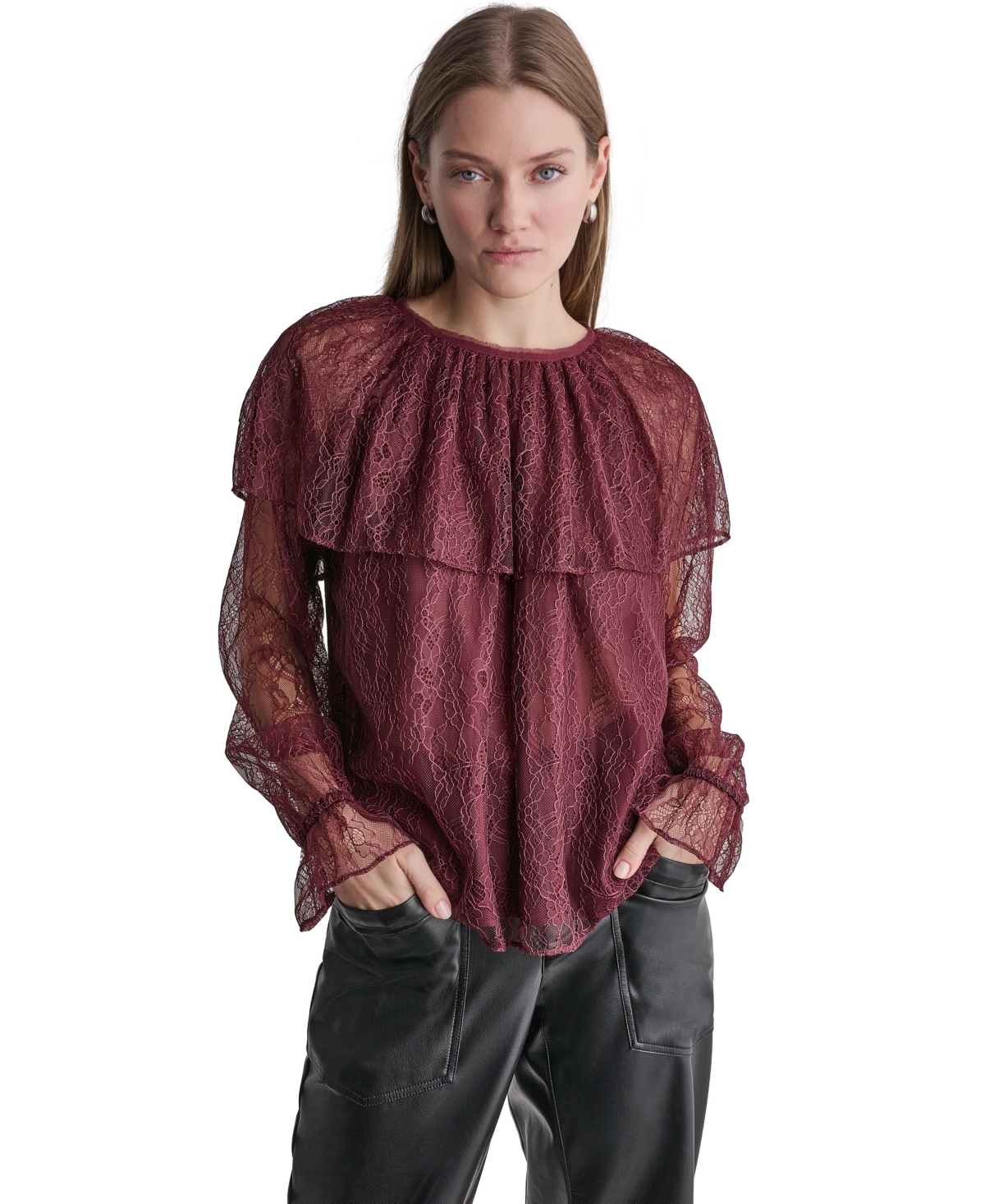 Click here for Bcbg Womens Long-Sleeve Lace Cape Blouse - Shadow... prices