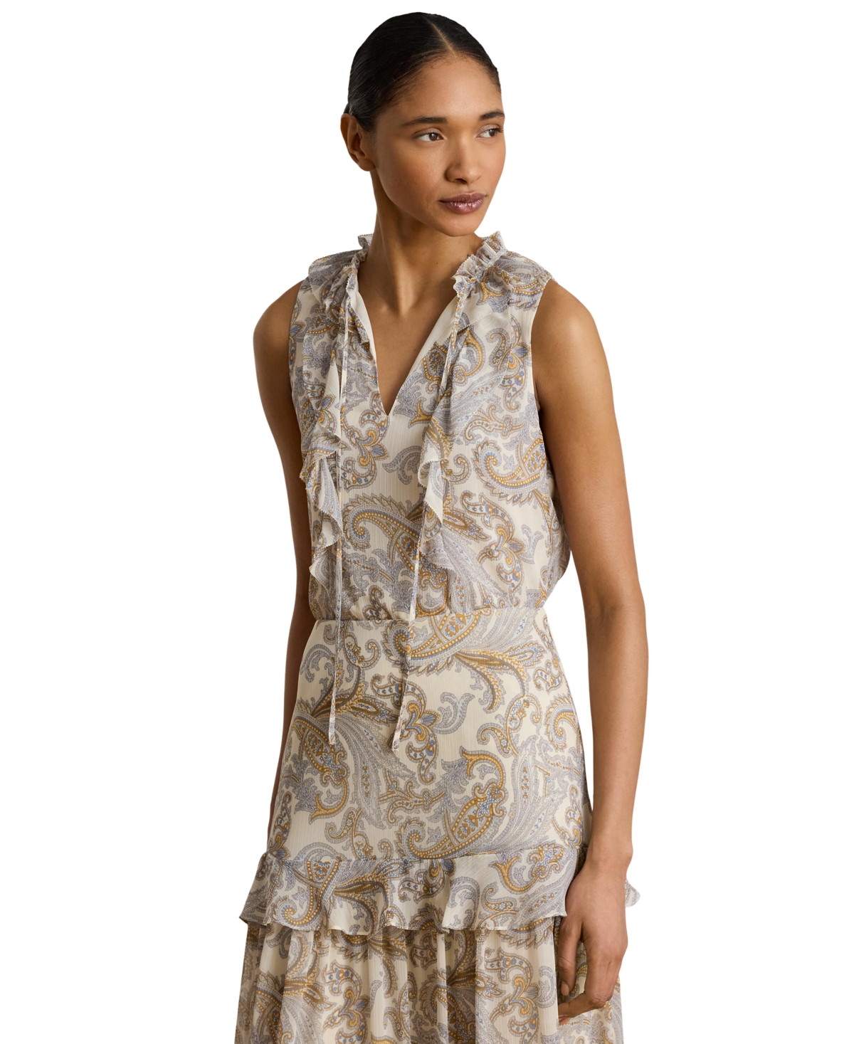 Lauren Ralph Lauren Womens Ruffle-Trim V-Neck Blouse - Cream Multi