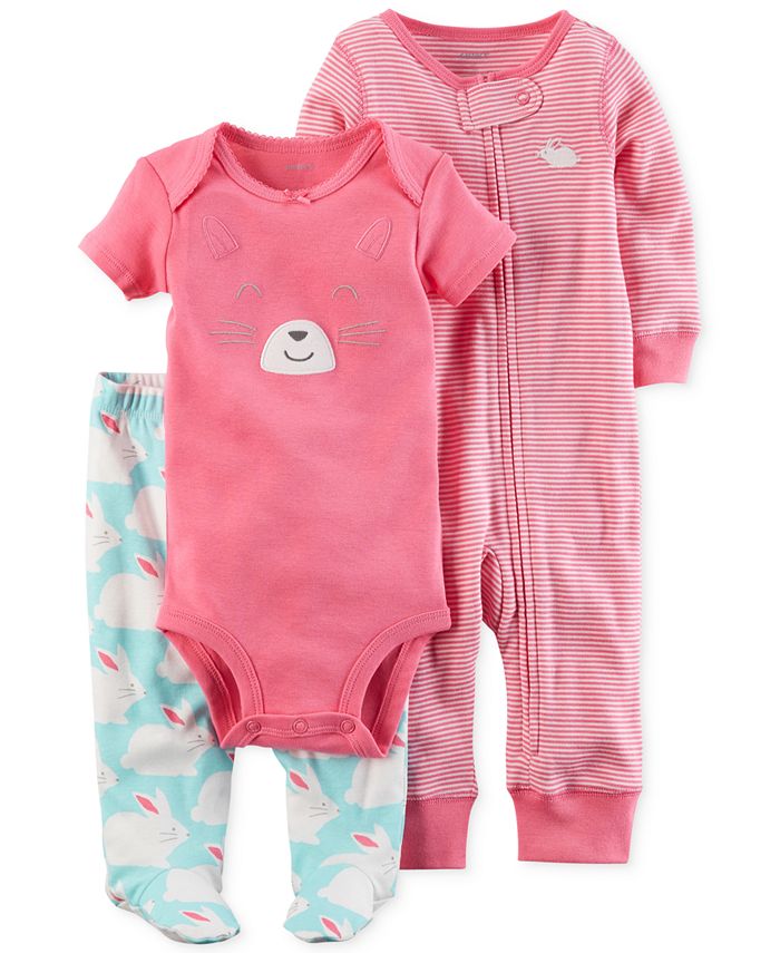 Carter's 3-Pc. Cotton Bunny Bodysuit, Coverall & Footed Pants Set, Baby ...