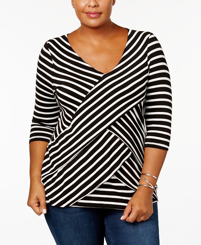 Ny Collection Plus Size Three Quarter Sleeve Striped Tiered Top Macys