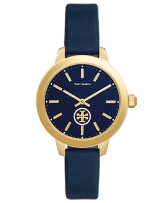Tory Burch Women's Collins Tory Navy Leather Strap Watch 38mm - Macy's