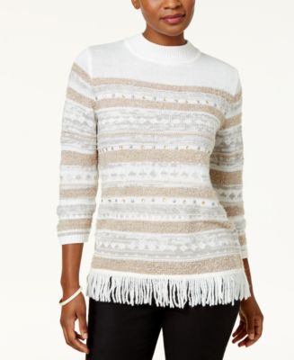Alfred Dunner Eskimo Kiss Petite Mock-Neck Fringed Sweater - Macy's