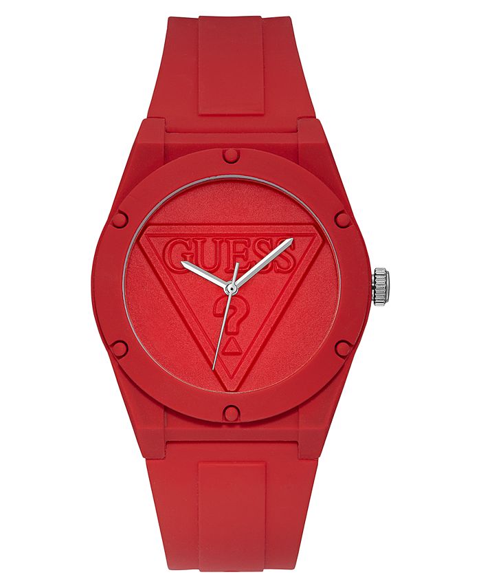 GUESS Iconic Logo Red Silicone Strap Watch 42mm - Macy's