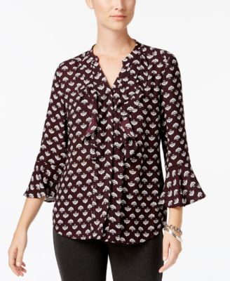 Charter Club Petite Ruffled Split-Neck Top, Created for Macy's - Macy's