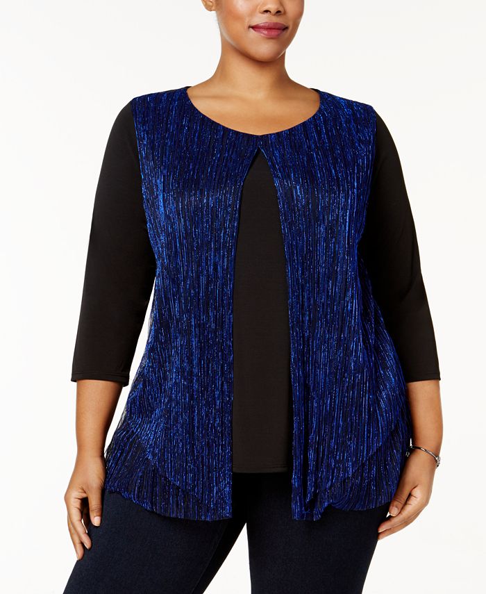 NY Collection Plus Size Layered-Look Metallic Top - Macy's