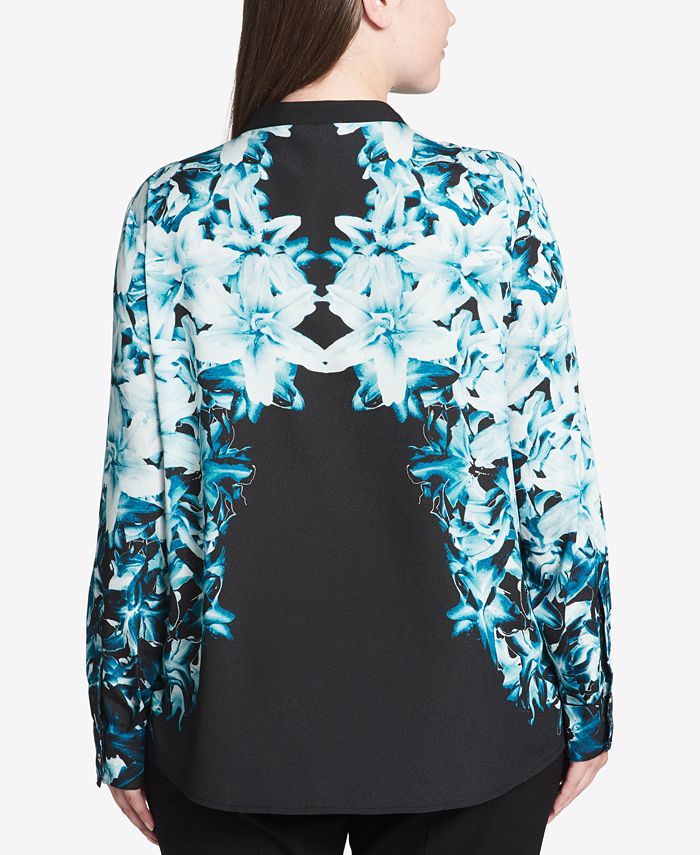 Calvin Klein Plus Size Half-Zip Floral-Print Top - Macy's