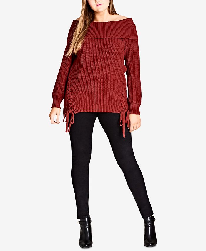 City Chic Trendy Plus Size Off The Shoulder Lace Up Sweater Macys