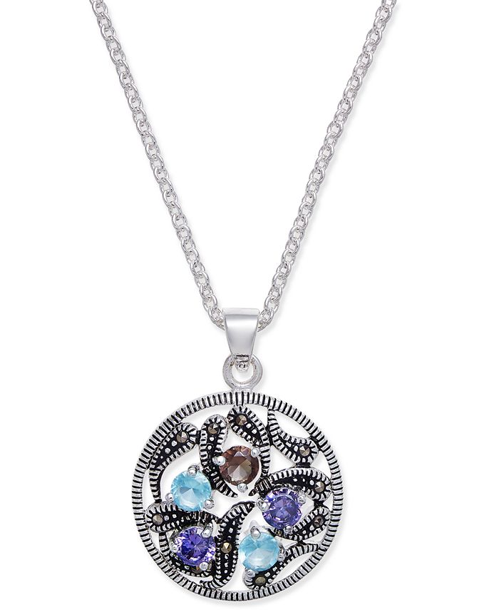 Macys Marcasite And Crystal Vine Disc Pendant Necklace In Fine Silver 4247