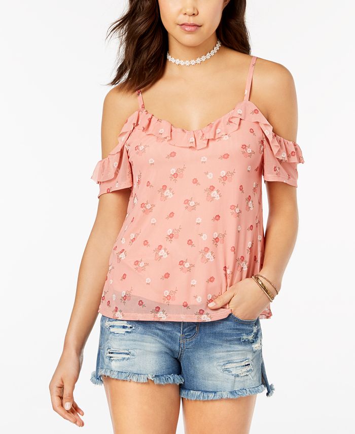 Freshman Juniors' Printed Cold-Shoulder Ruffle Top - Macy's