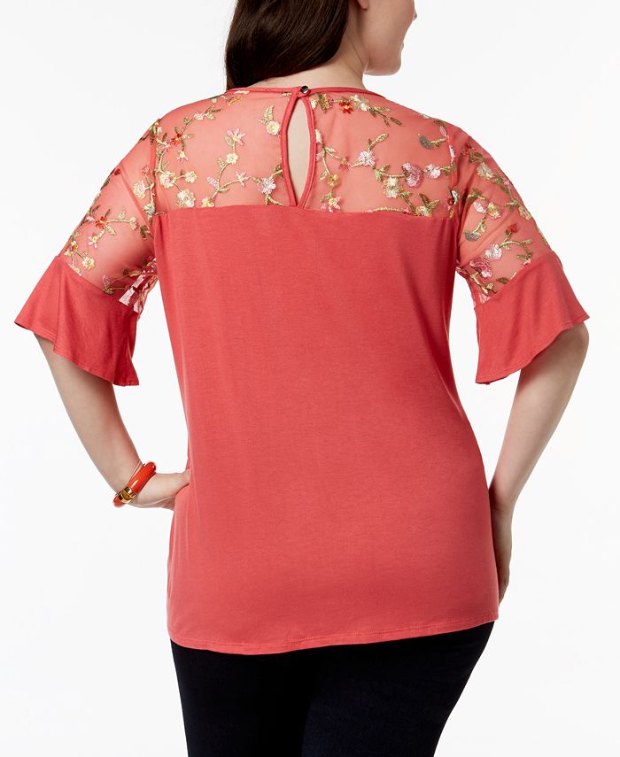 NY Collection Plus Size Embroidered Mesh Top - Macy's