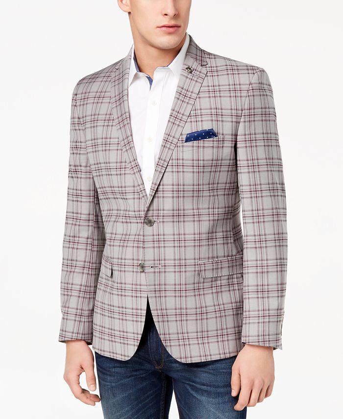 Nick Graham Men's Slim-Fit Stretch Gray/Burgundy Plaid Sport Coat - Macy's