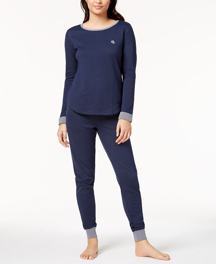 Lauren Ralph Lauren Dotted Contrast-Cuff Pajama Set - Macy's
