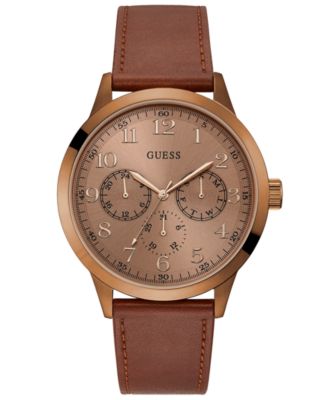 GUESS Men's Brown Leather Strap Watch 46mm - Macy's