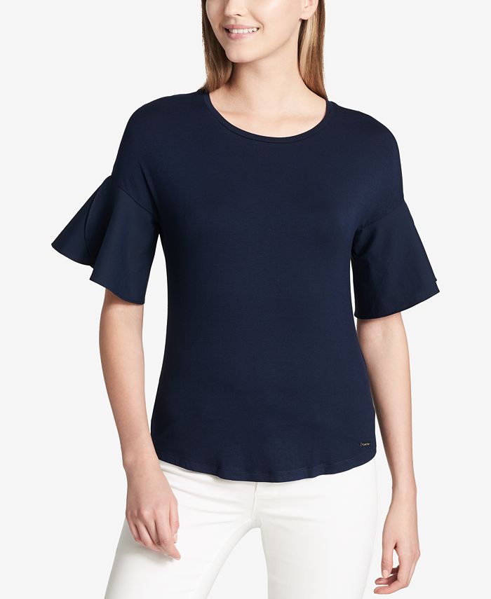 Calvin Klein Flared-Sleeve Poplin Top - Macy's