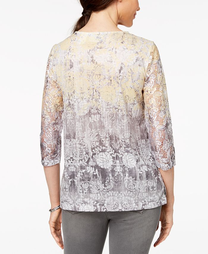 Alfred Dunner Petite Printed Lace Keyhole Top - Macy's