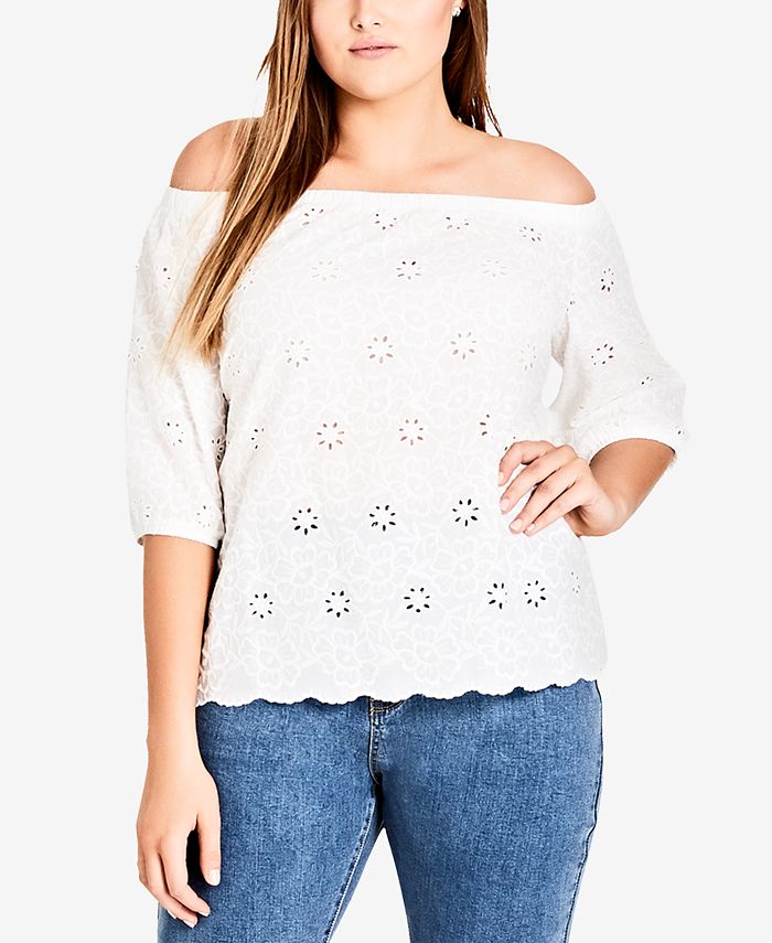 City Chic Trendy Plus Size Cotton Off-The-Shoulder Eyelet Top - Macy's