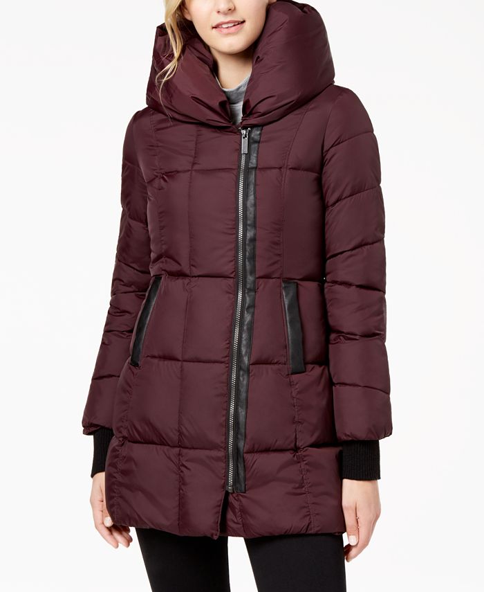French Connection Faux-Leather-Trim Hooded Puffer Coat - Macy's