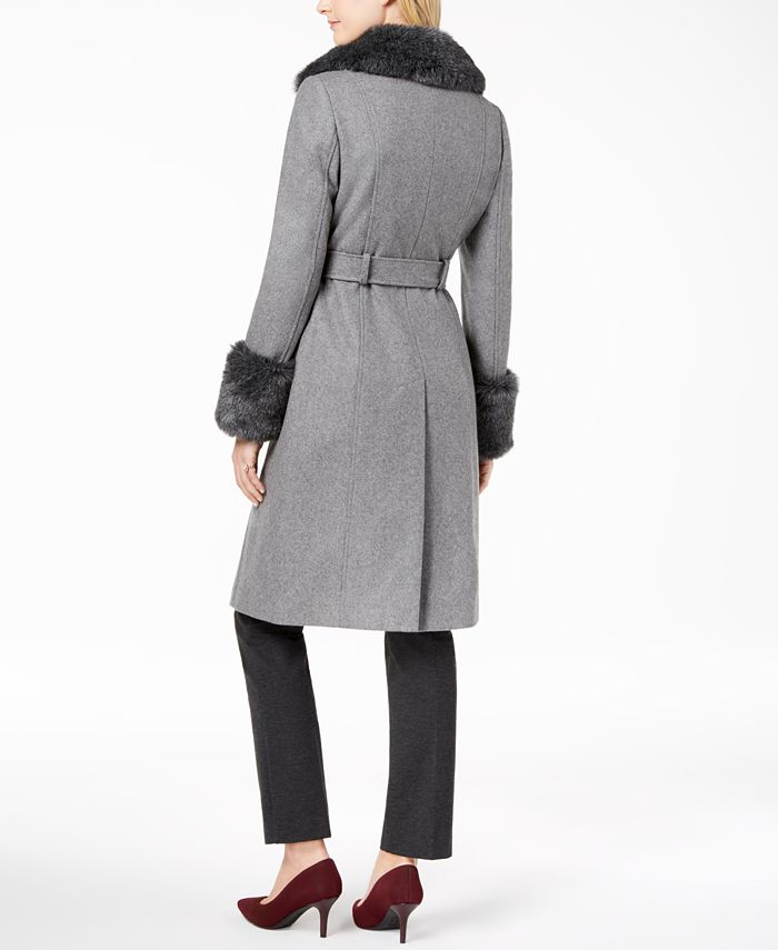 French Connection Belted Faux-Fur-Trim Coat - Macy's