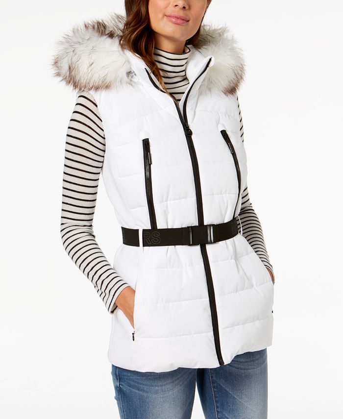 Michael Kors Active Faux-Fur-Trim Belted Vest - Macy's