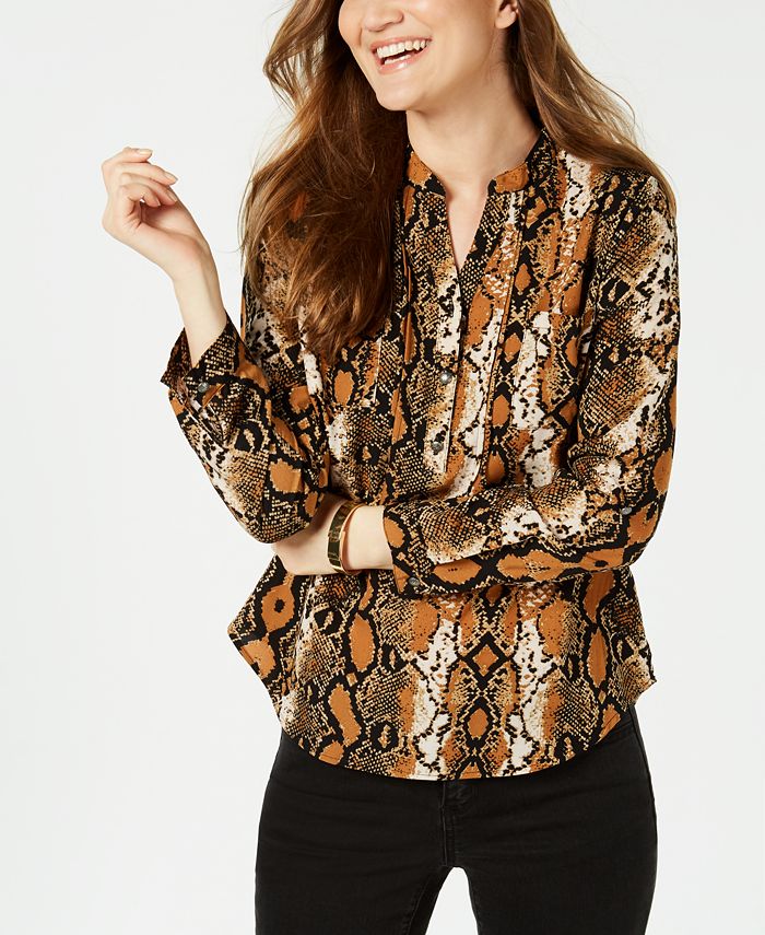 NY Collection Petite Snakeskin-Print Pleated Top - Macy's
