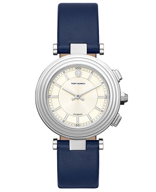 Tory Burch Women's Classic T Navy Leather Strap Hybrid Smart Watch 36mm ...