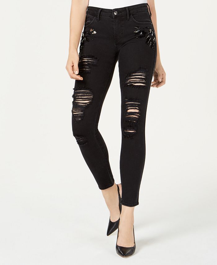 GUESS Sexy Curve Ripped Rhinestone Skinny Jeans - Macy's