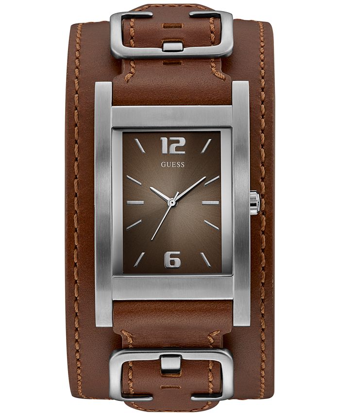 GUESS Men's Brown Leather Cuff Strap Watch 31x39mm - Macy's