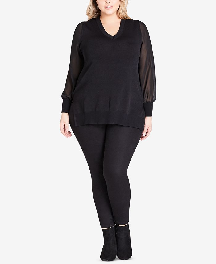 City Chic Trendy Plus Size Sheer-Sleeve Top - Macy's