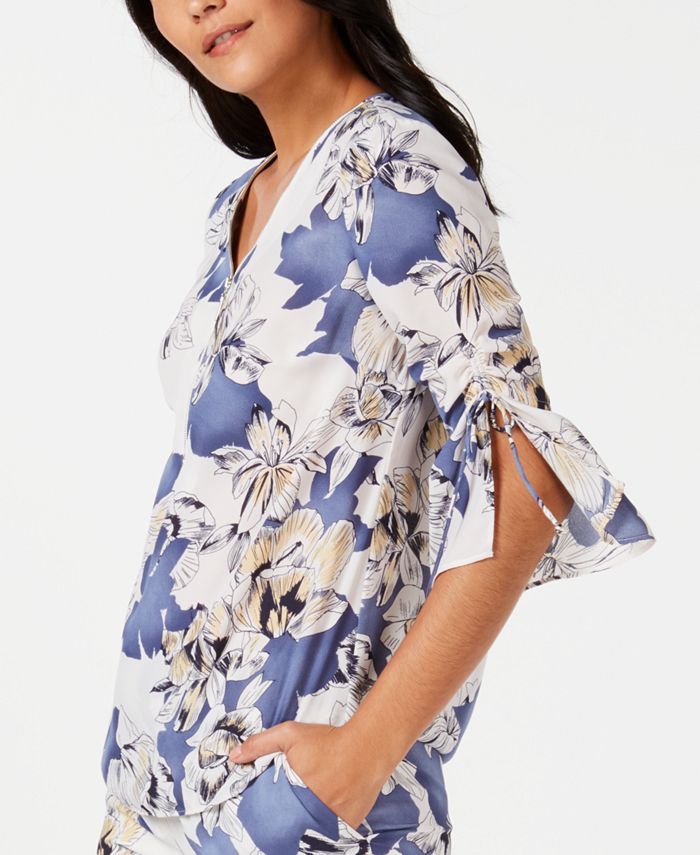 JM Collection Printed Zip-Neck Ruched-Sleeve Blouse, Created for Macy's ...