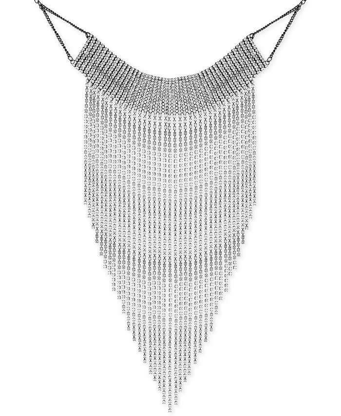 GUESS Silver-Tone Crystal Rhinestone Fringe Statement Necklace, 12" + 2 ...