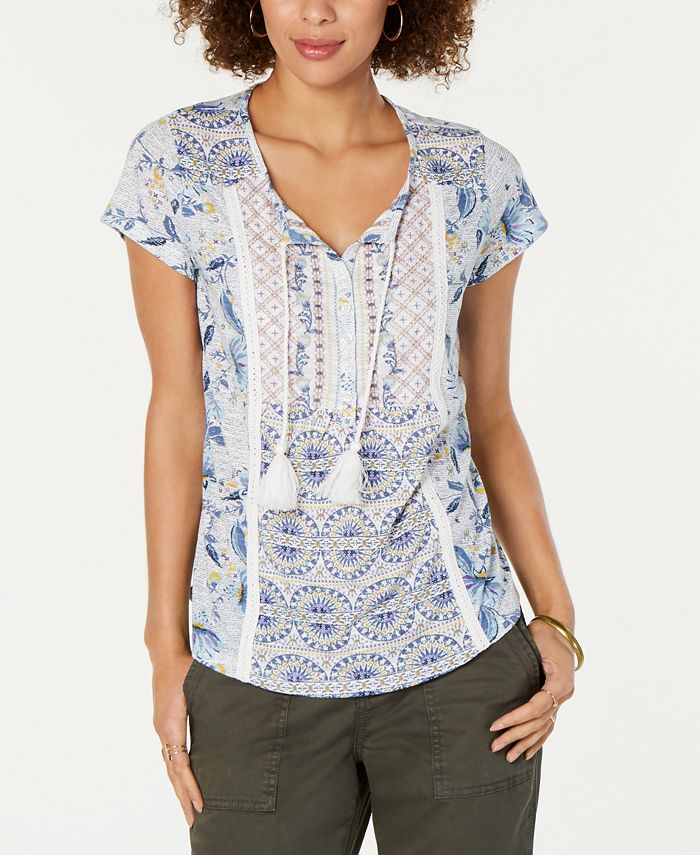 Style & Co Mixed-Print Split-Neck Top, Created for Macy's - Macy's