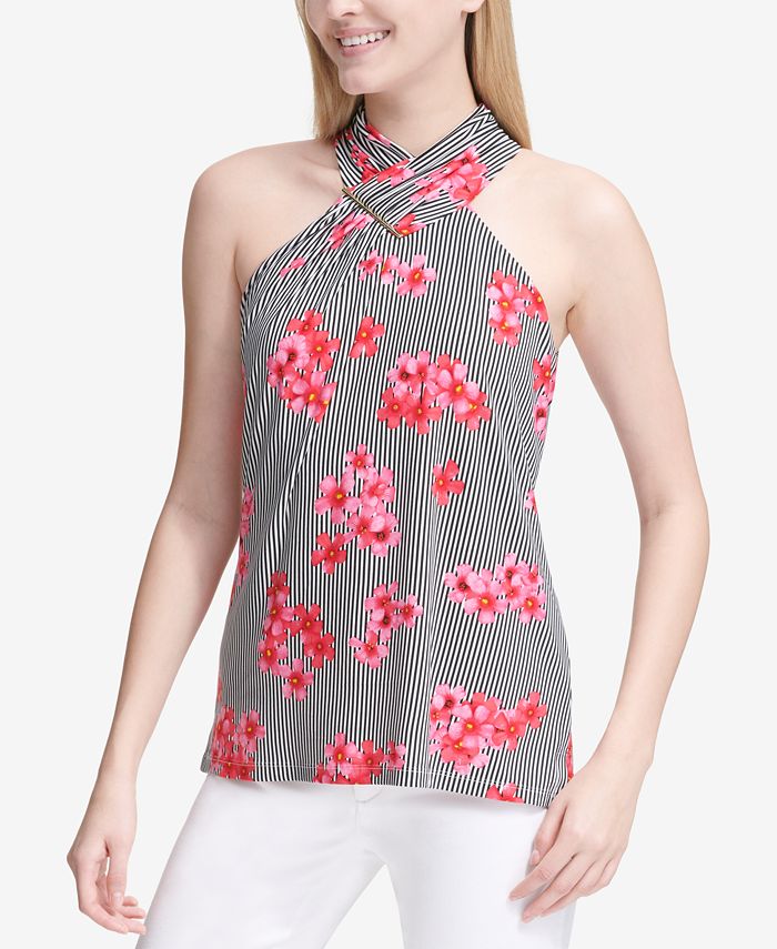 Calvin Klein Printed Striped Halter Top - Macy's