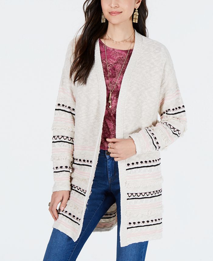 Style & Co Cotton Jacquard Fringed Completer Cardigan, Created for Macy ...