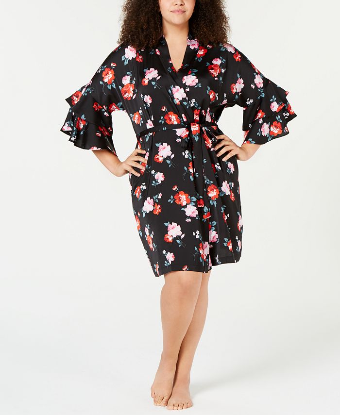 INC International Concepts INC Plus Size Satin Flounce-Sleeve Wrap Robe, Created for Macy's - Macy's