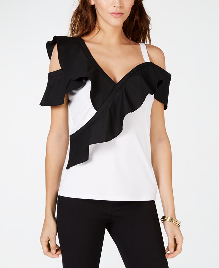 INC International Concepts INC Colorblocked-Ruffle Cold-Shoulder Top ...