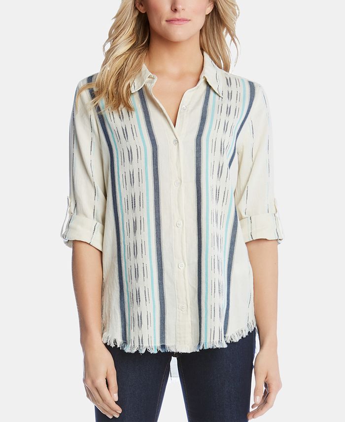 Karen Kane Cotton Striped Fringed-Hem Shirt - Macy's