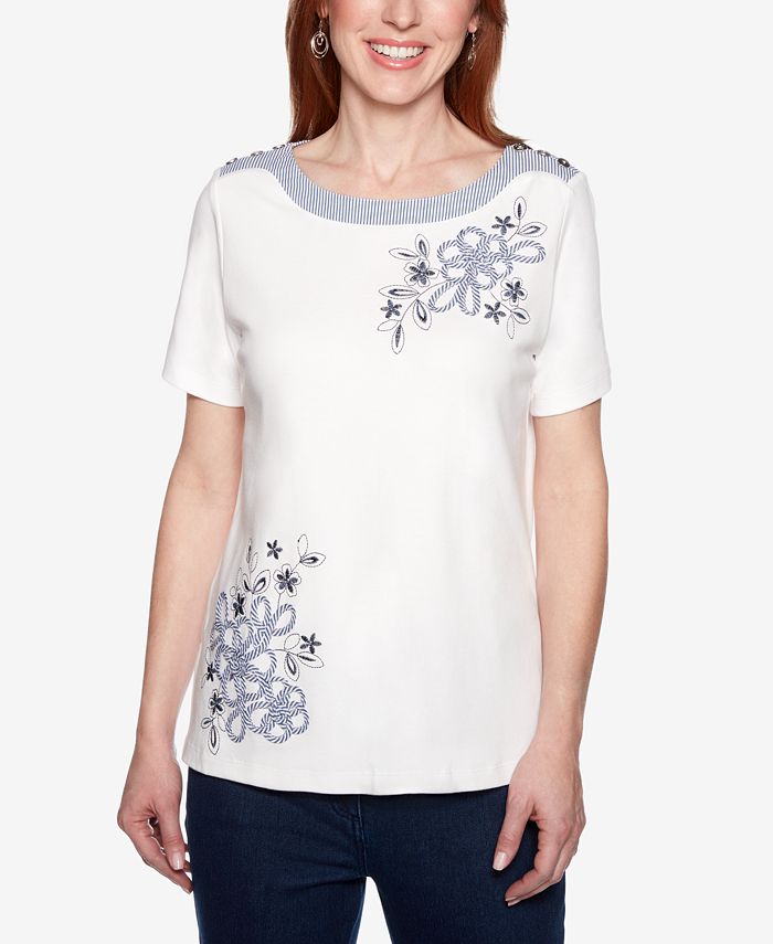 Alfred Dunner Smooth Sailing Button-Shoulder Embroidered Top - Macy's
