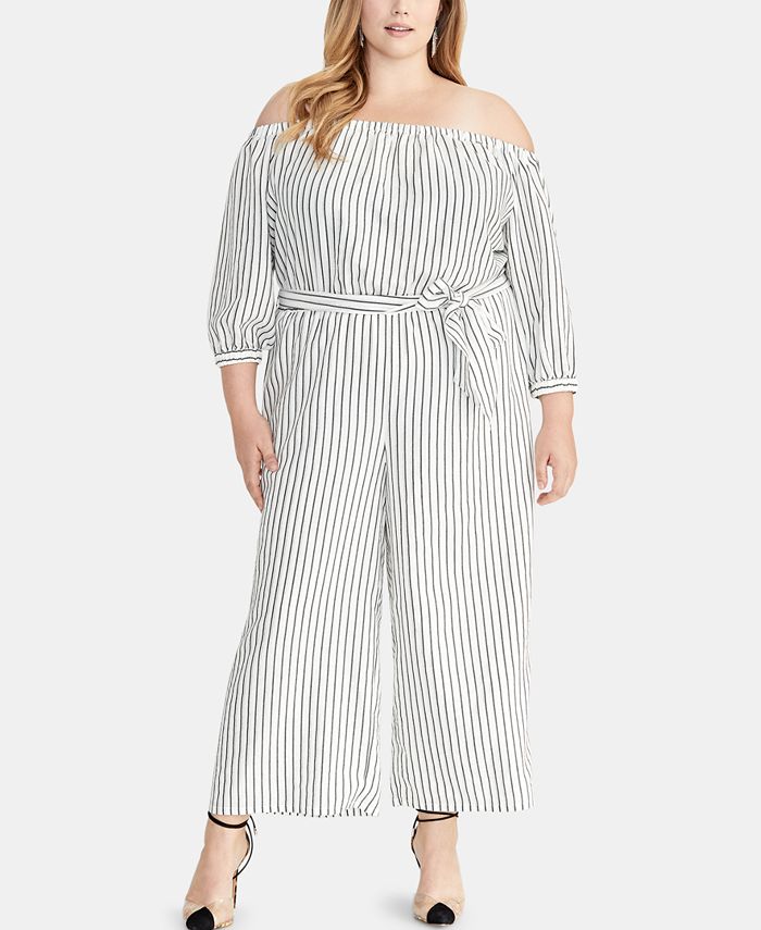 RACHEL Rachel Roy Plus Size Striped Off-The-Shoulder Jumpsuit - Macy's
