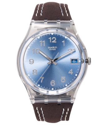 Swatch Watch, Unisex Swiss Blue Choco Brown Leather Strap 34mm GM415 ...