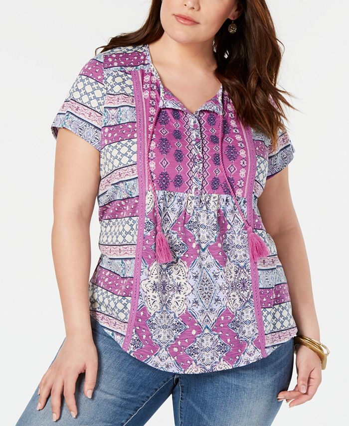 Style & Co Plus Size Printed Split-Neck Top, Created for Macy's - Macy's