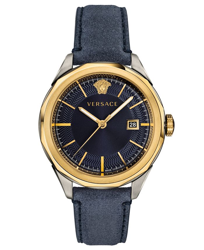 Versace Men's Swiss Glaze Blue Leather Strap Watch 43mm - Macy's