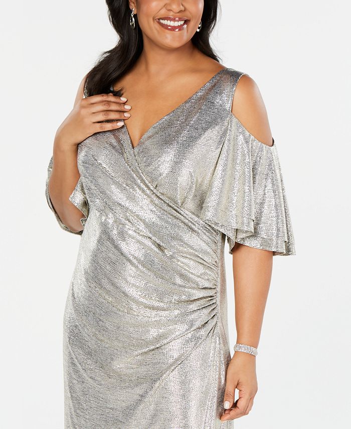 Betsy & Adam Plus Size Metallic Cold-Shoulder Gown - Macy's