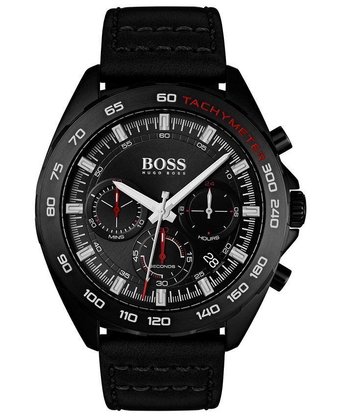 BOSS Men's Chronograph Intensity Black Leather Strap Watch 44mm - Macy's