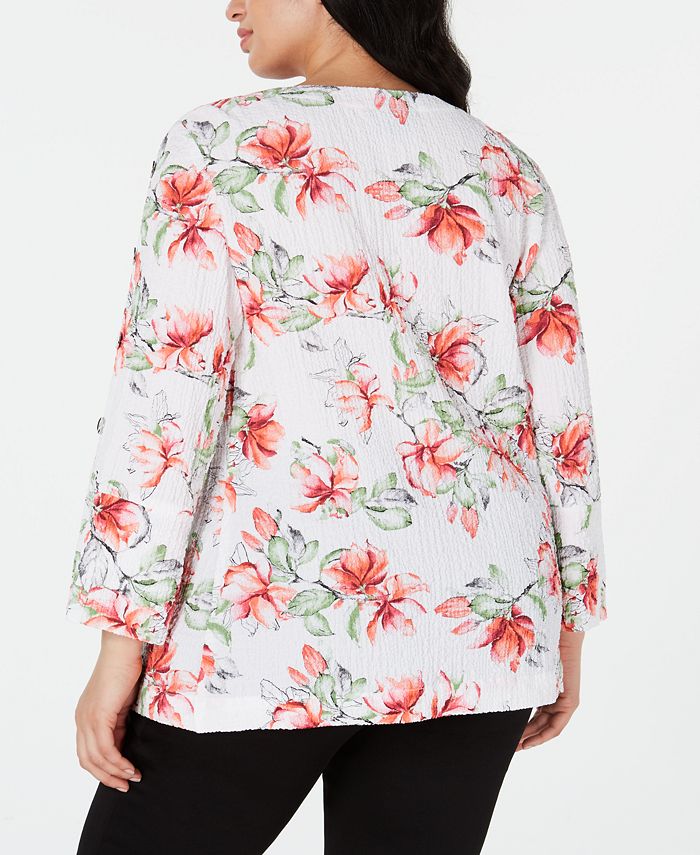 JM Collection Plus Size Textured Printed Button-Sleeve Top, Created for ...